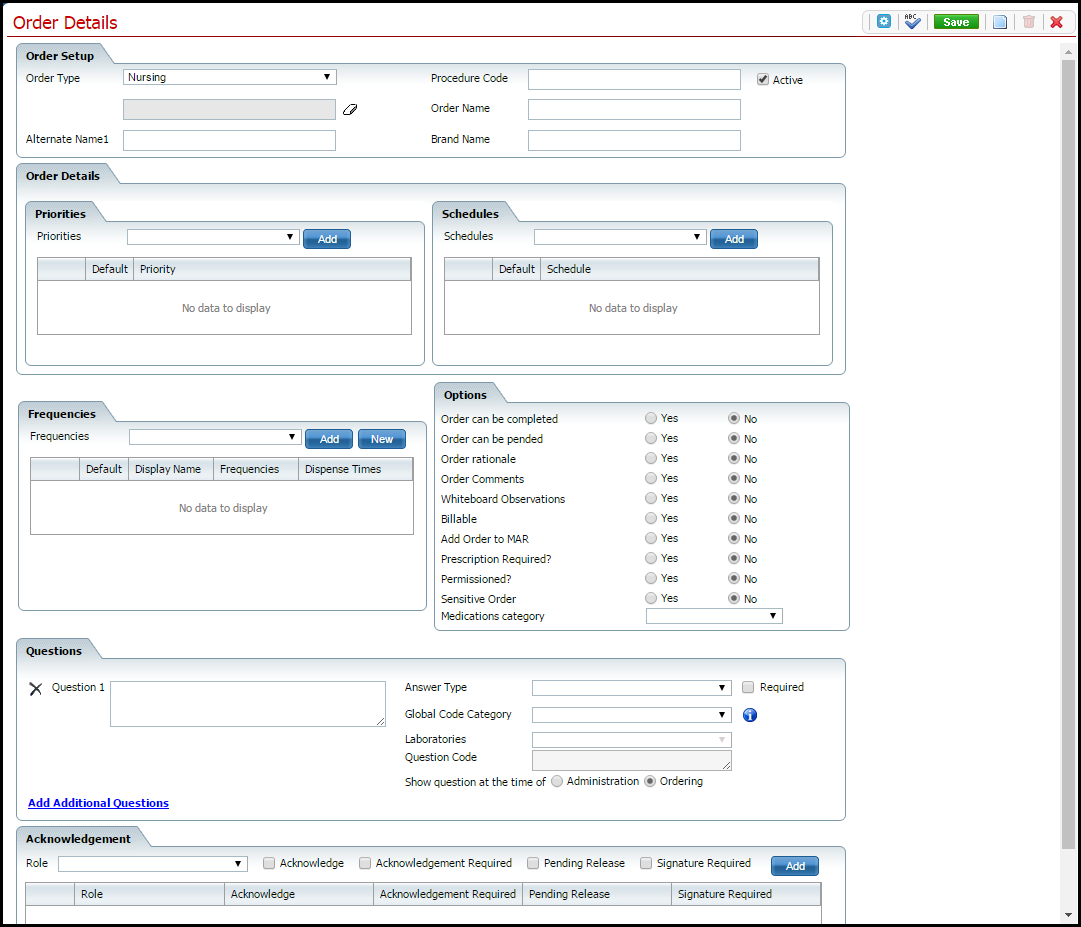 Order Details Nursing Page Field Definitions